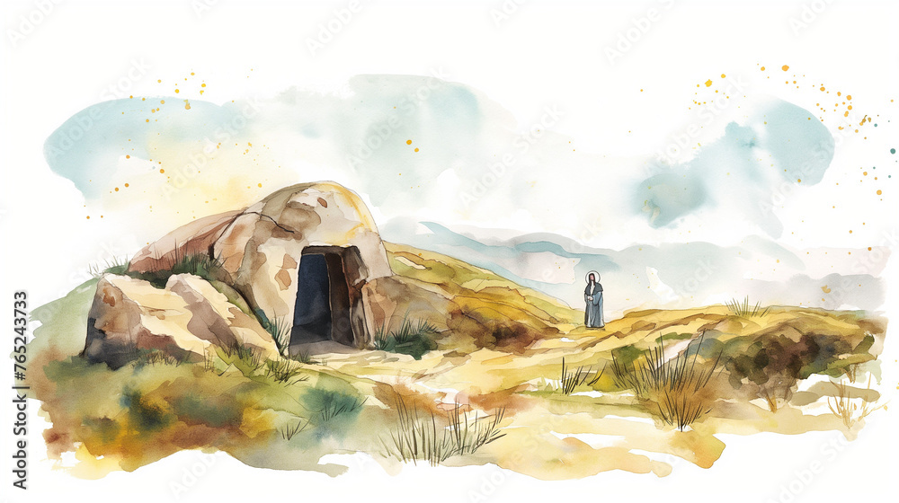 Easter Jesus Christ rose from the dead. Dawn. The empty tomb watercolor ...