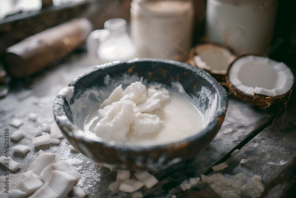 Close-Up Coconut Milk Extraction Process Shown With Fresh Coconut ...