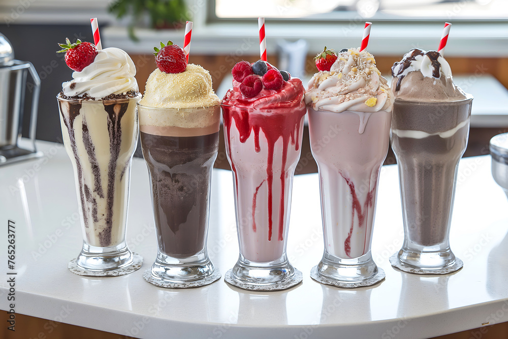 Close-Up An Assortment Of Milkshakes On A Diner Countertop Interior ...