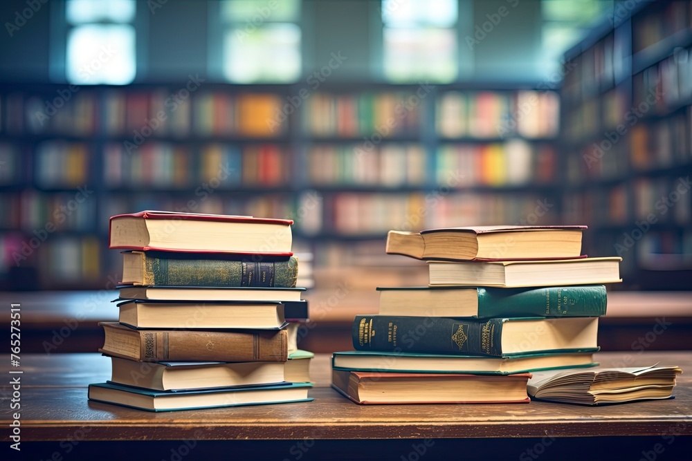 Old book in library with open textbook, stack piles of literature text ...