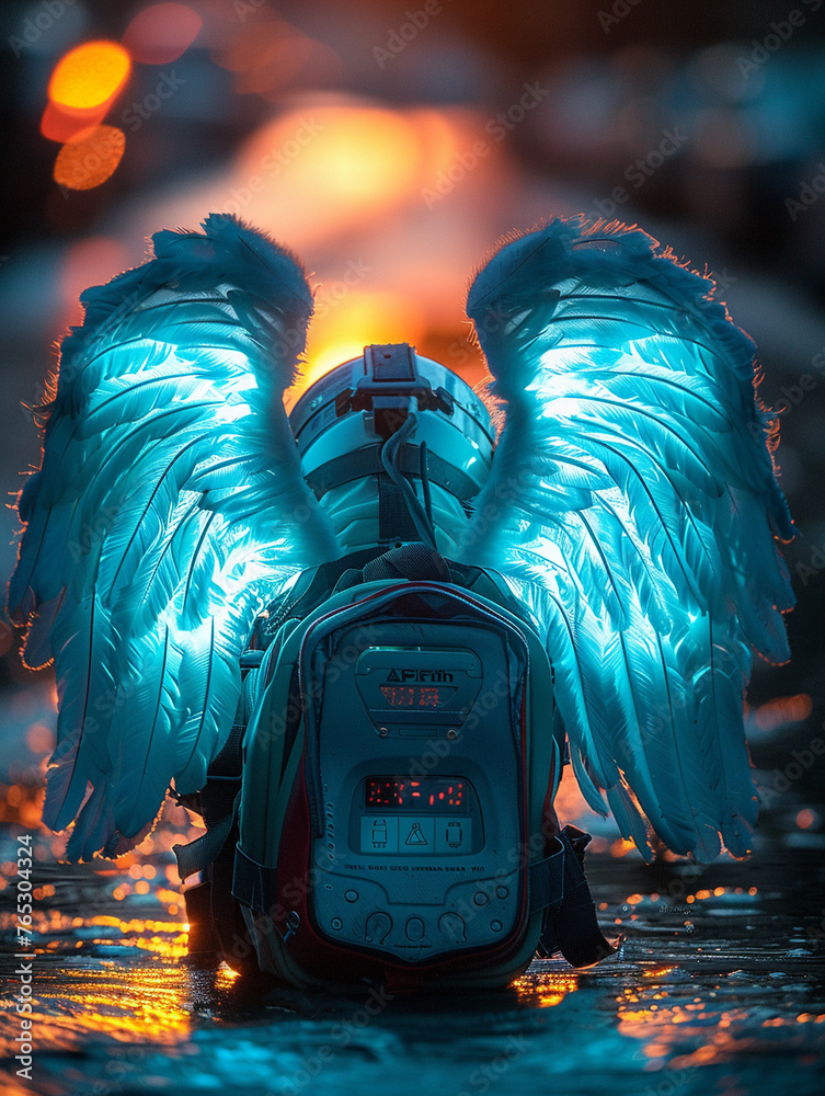 Macro shot of an AED (Automated External Defibrillator) with its pads ...