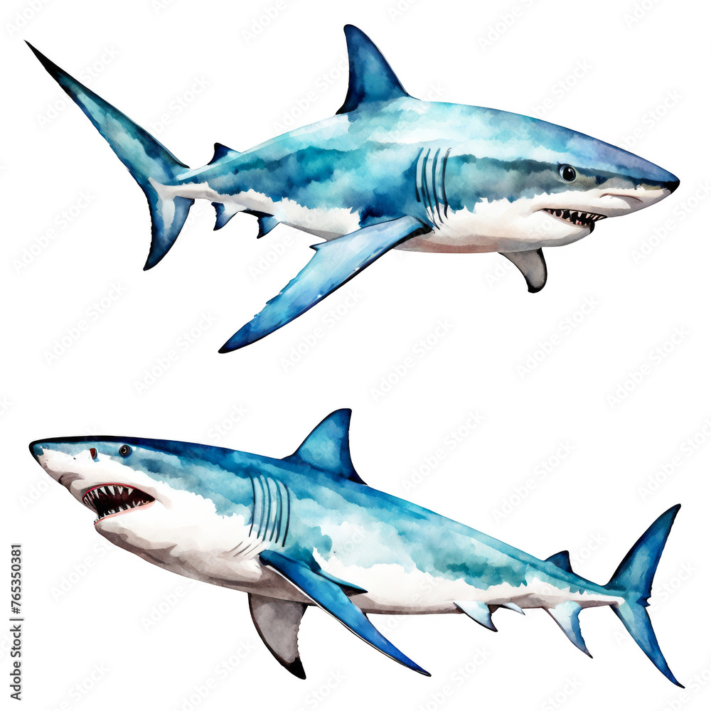 2 Sharks watercolor painting, blue shark, marine animal, vector ...