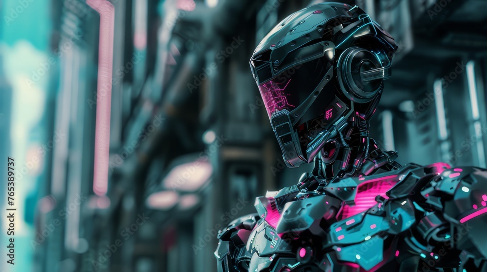 An image depicting a cybernetic robot in a dark, futuristic setting ...