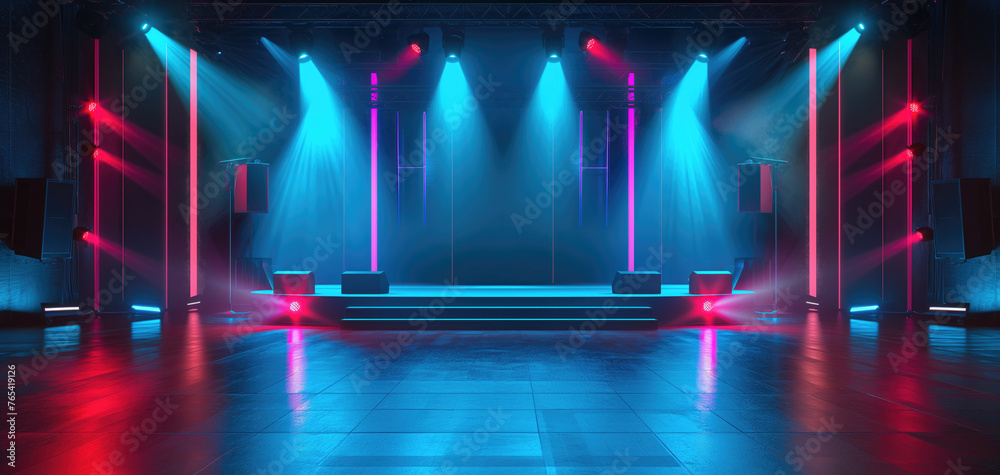 Modern and stylish stage interior with spotlight lighting reflected on ...