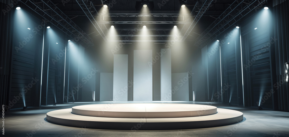 Modern and stylish stage interior with spotlight lighting reflected on ...