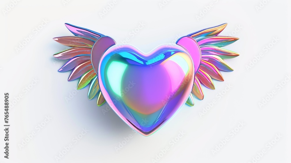 Y2K style 3d holographic heart icon with angel wings. 3d modern ...