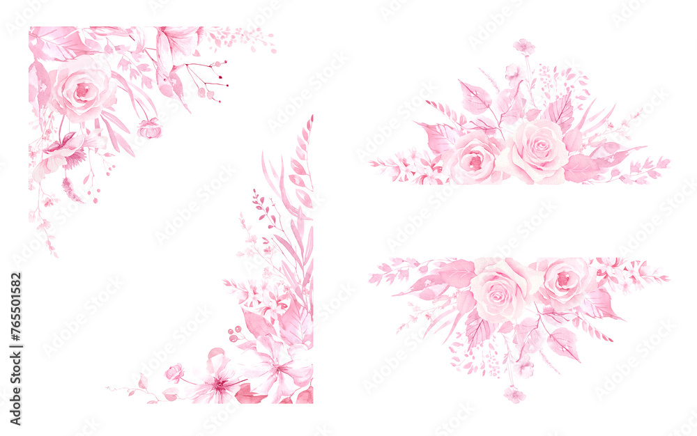 Watercolor pink floral borders, bouquets. Light pink flowers, leaves ...