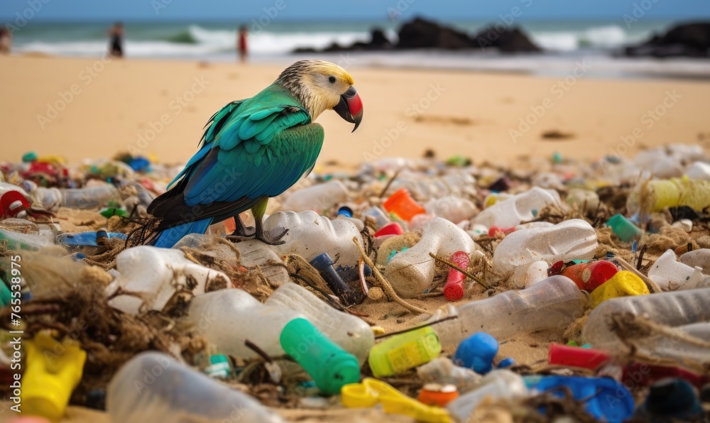 Bird on a beach full of plastic bottles and waste materials Stock Photo ...