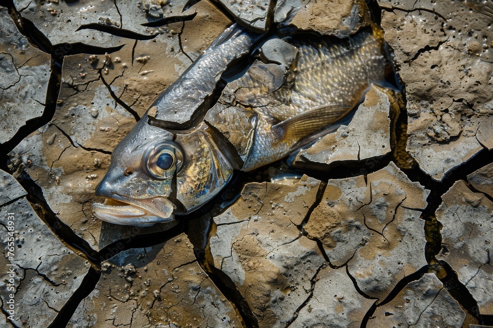 Cracked ground enveloping a lifeless fish, an alarming visual of ...