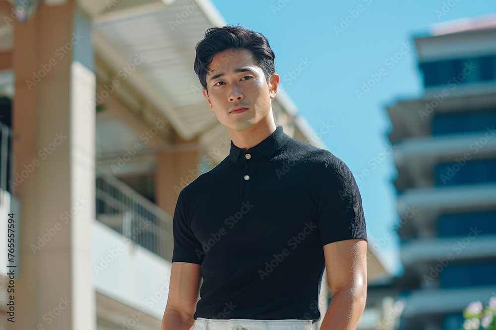 Asian man is standing in front of a tall modern building, looking ...
