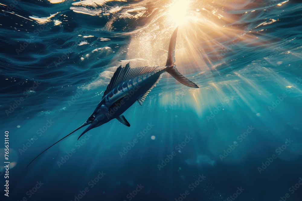 an underwater view of a sailfish in the ocean near the surface, with ...