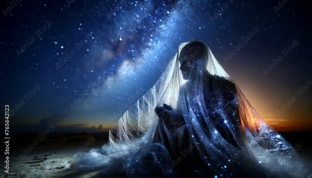 An enigmatic figure wrapped in gossamer, sitting beneath the night sky ...