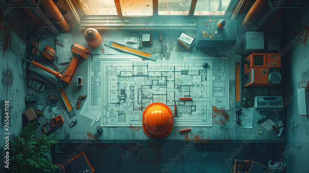 An organized chaos of engineering: scattered blueprints, a hard hat ...