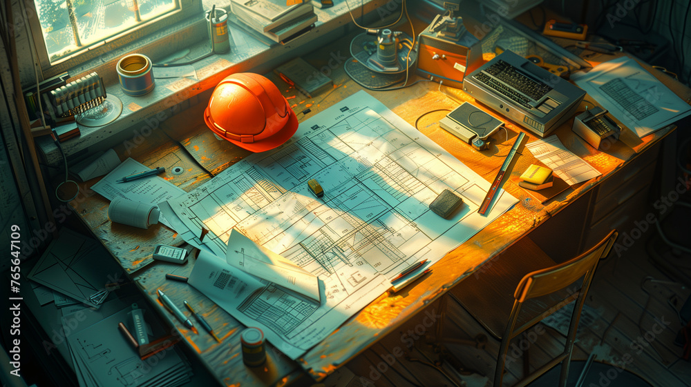 An organized chaos of engineering: scattered blueprints, a hard hat ...