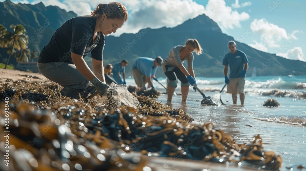 A photo capturing a group of marine biologists and volunteers cleaning ...