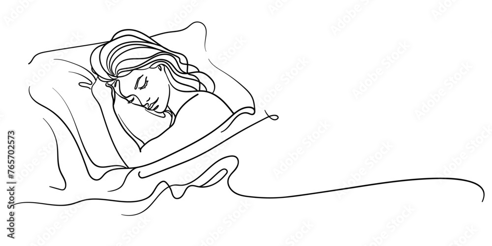 Girl sleeping in bed line art drawing isolated on white background ...