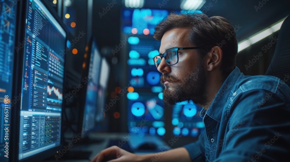Stock-Foto „Data Engineer at Work: Side View in Big Control Room with ...