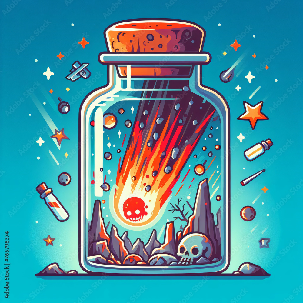 An apocalyptic scene captured within a bottle, featuring a meteorite ...