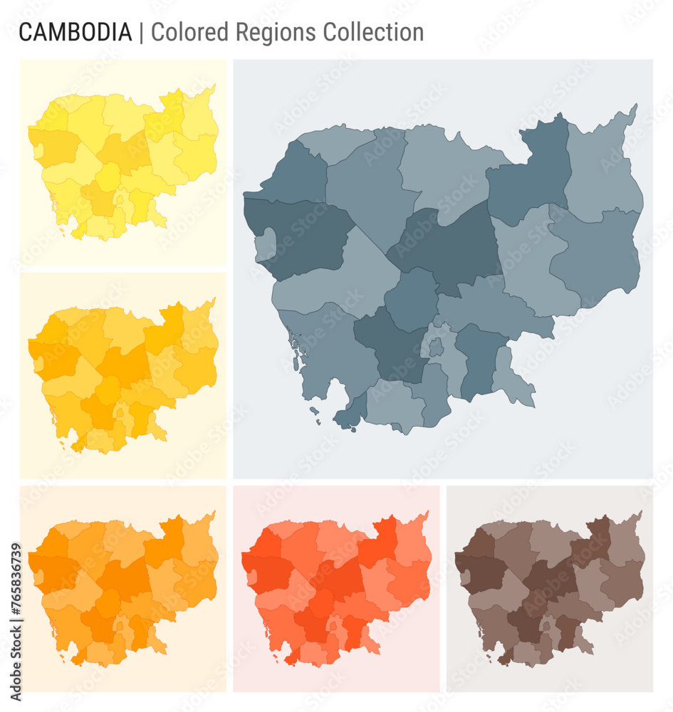 Cambodia map collection. Country shape with colored regions. Blue Grey ...