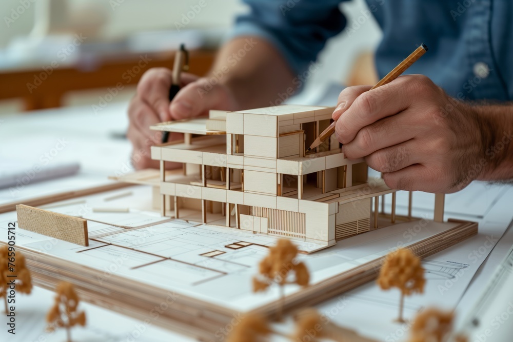 Architect's hand sketching and crafting a modern house model on ...