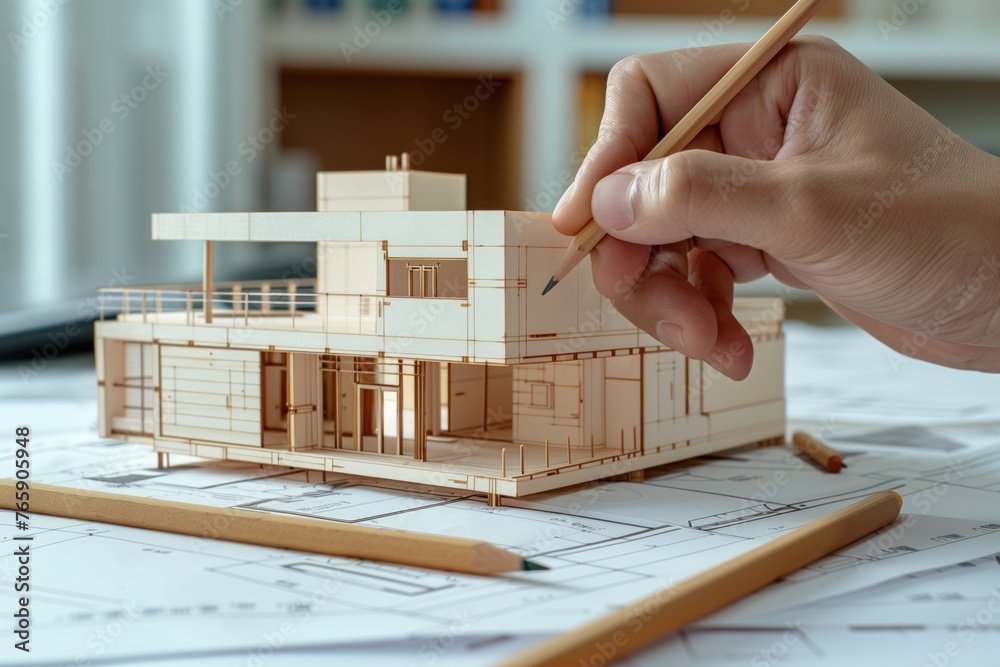 Architect's hand sketching and crafting a modern house model on blueprints, using a pencil and ...