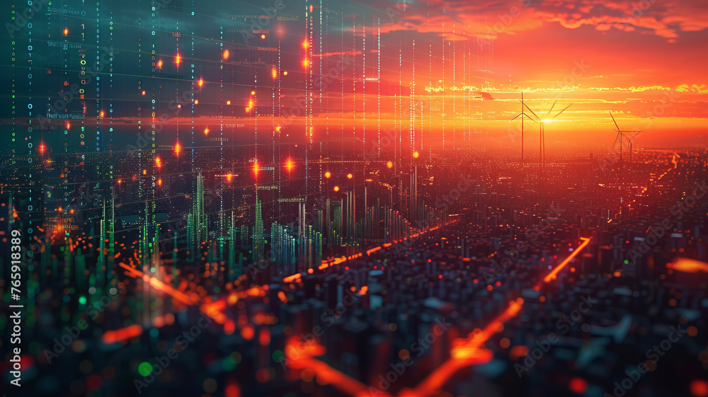 Stock market graphs and economic data visualized with icons of solar ...