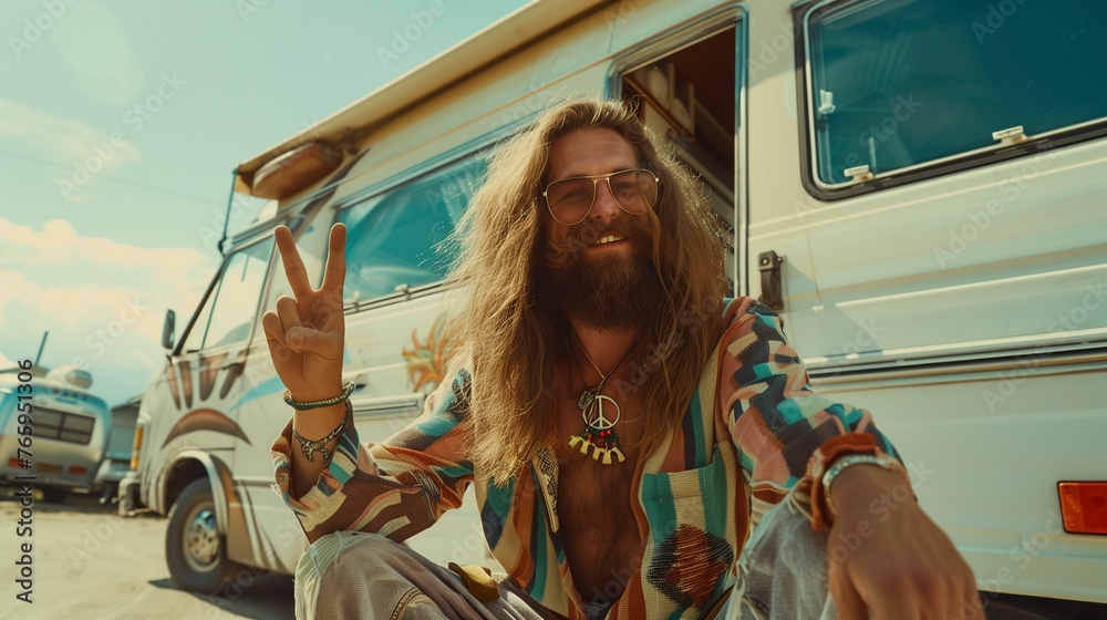 Hippie male with long hair in Front of his small RV Making a Peace Sign ...