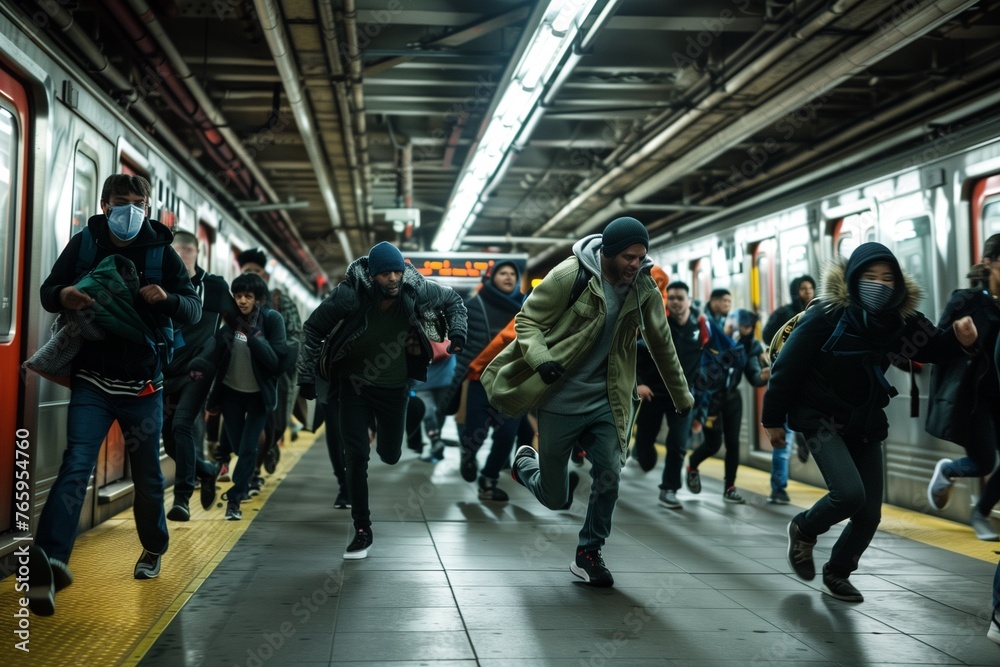 Crowd of people running out of subway station in panic Stock Photo ...