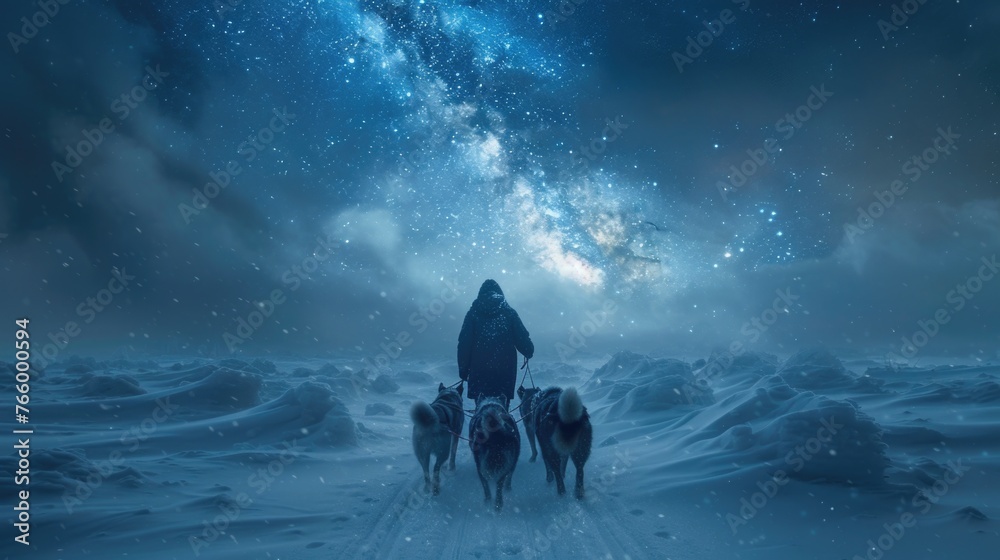 Frozen journey, person with sled of dogs traverses snowy antarctica, an ...