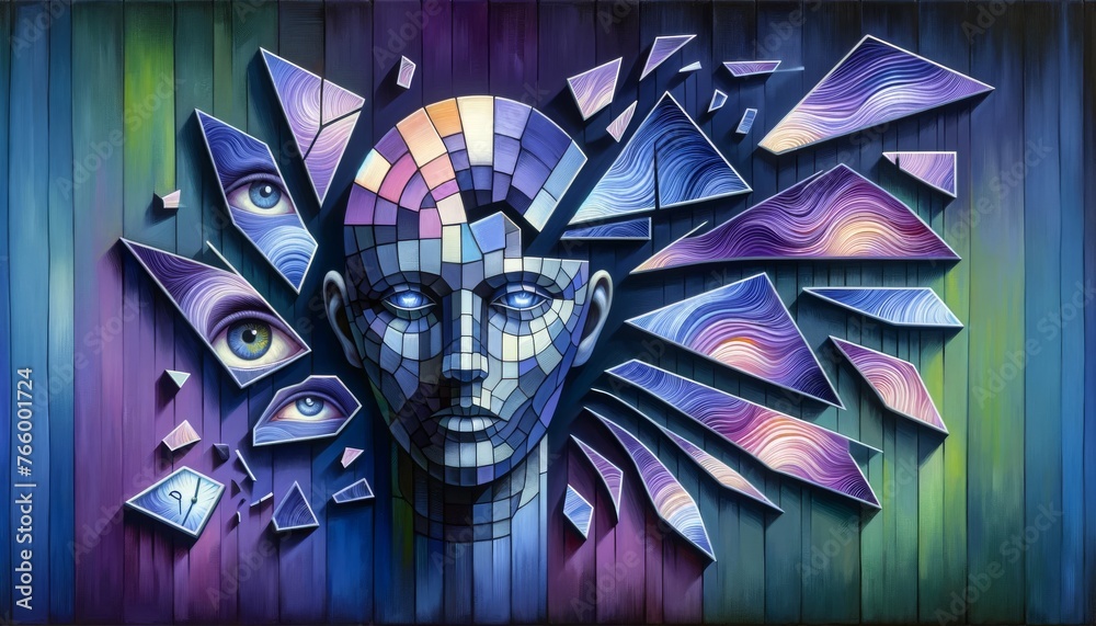 Mosaic-like human profile with sharp geometric patterns and vivid ...