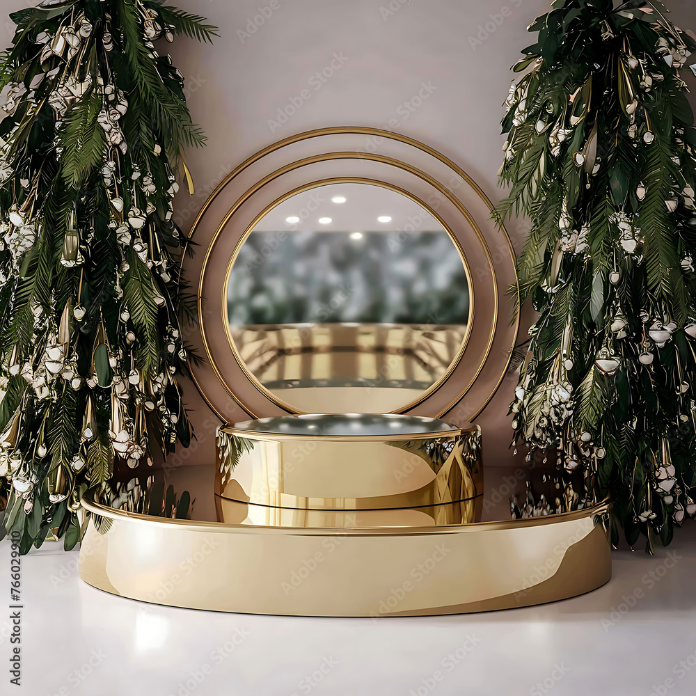 3d empty rounded podium with a mirrored surface, finished in glossy ...