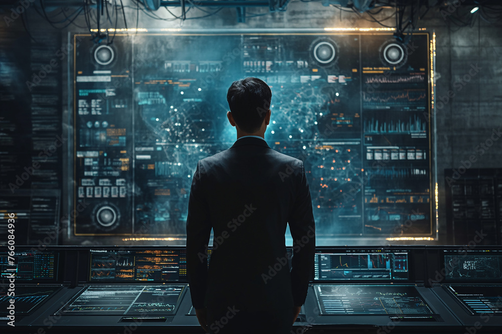 Man in suit observing futuristic control room with digital screens. Cybersecurity command center ...