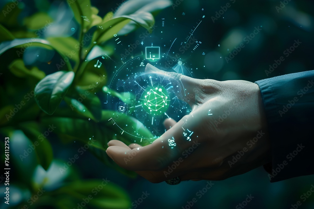 Hand with Glowing Green Technology Symbols Holds Digital Plant Data ...