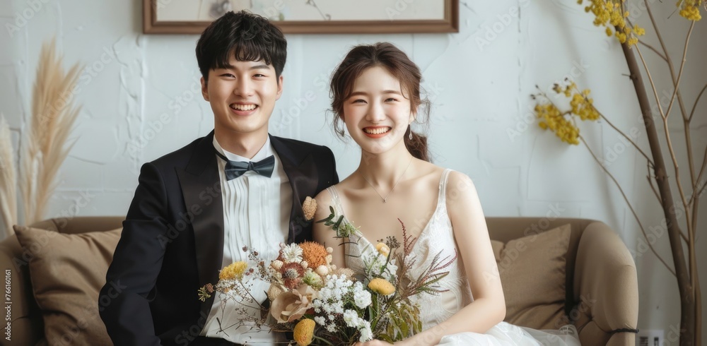 Happy asian couple getting married. Beautiful wedding at asia. Smiling ...