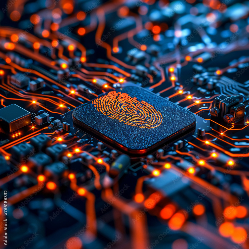 Digital banking security with fingerprint scan on circuit, ambient ...