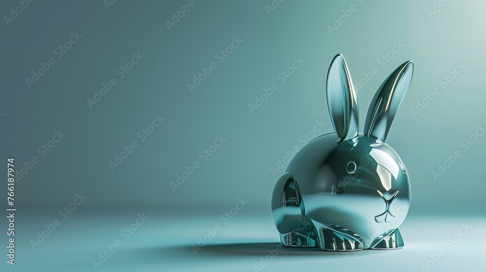 Metallic bunny bank reflects light, symbolizes growth, spring morning ...