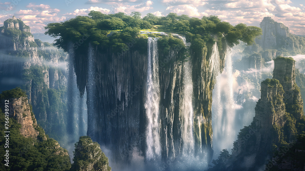 A gigantic waterfall cascading down from a floating island above, with ...