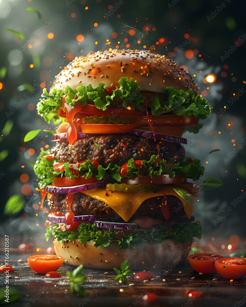 An impressive, towering burger with multiple beef patties, layers of ...
