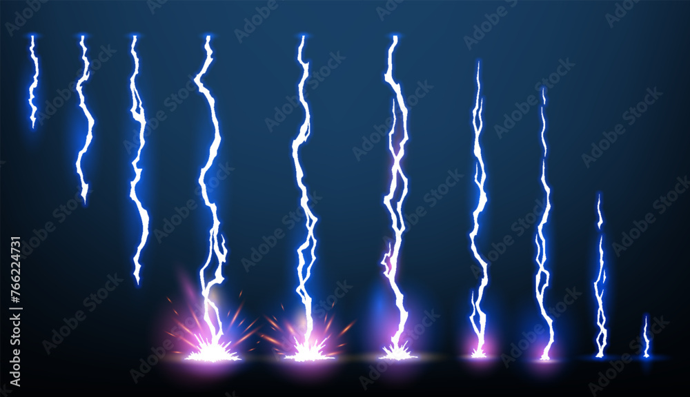 Lightning animation set with sparks. Electricity thunderbolt danger ...