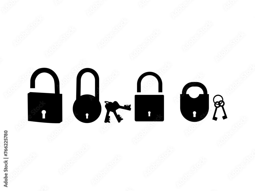 Lock icon collection. Set of silhouette of locked and unlocked padlock ...