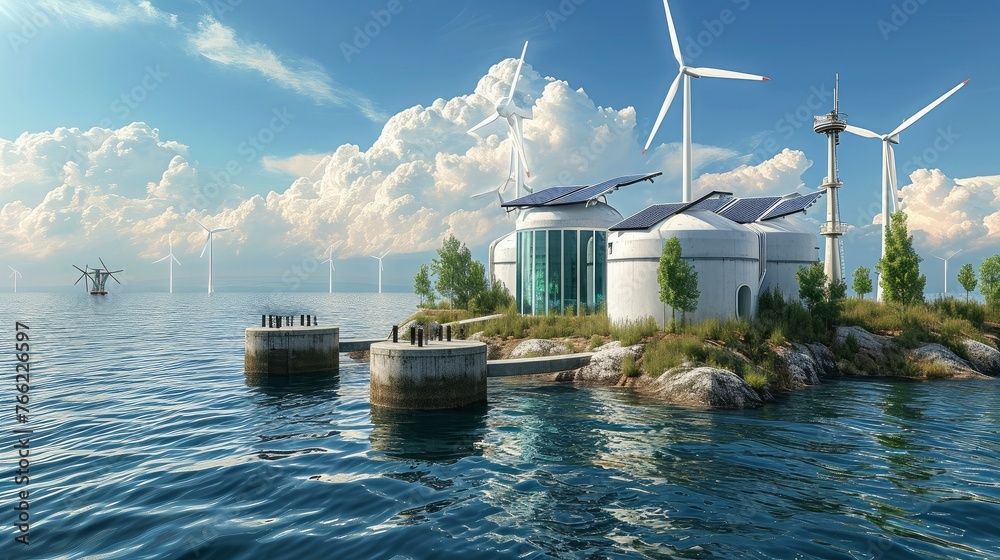 A hybrid renewable energy system showcasing wind turbines, solar panels, and energy storage ...