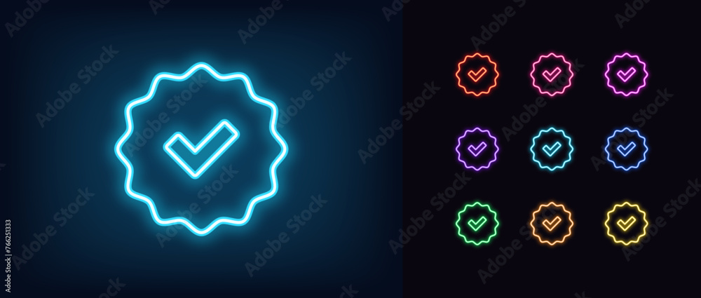 Outline neon Verified badge icon set. Glowing neon blue tick sign ...