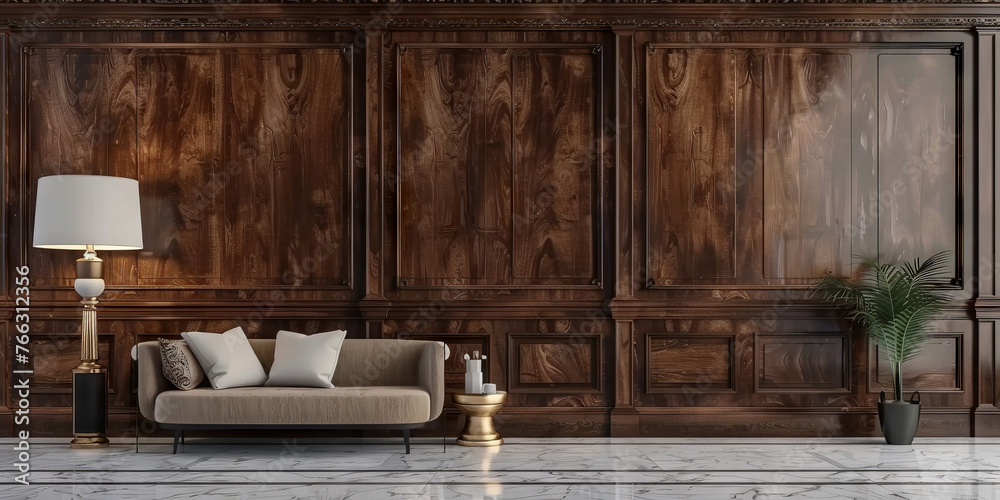 empty room with brown natural wood wall panels background with ceramic ...