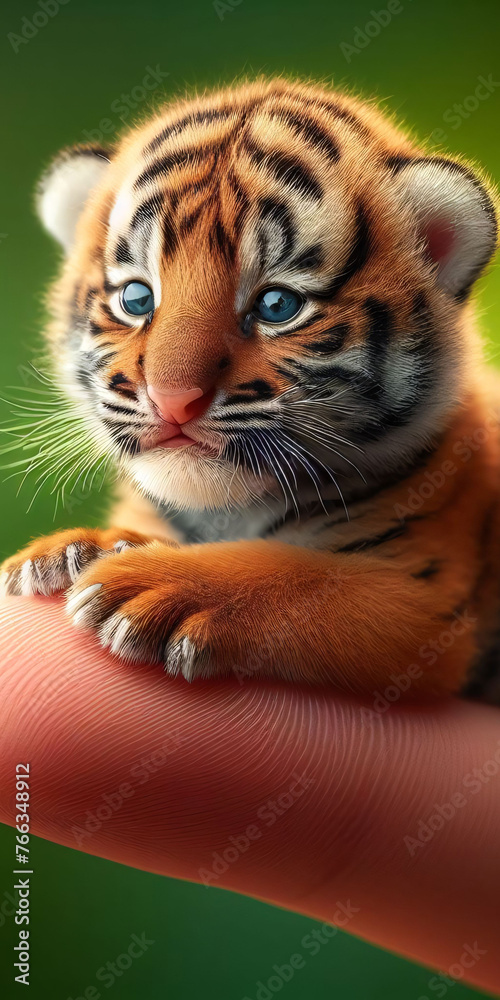 Cuteness. Tiny tiger cub sits on human finger. Background in blur from ...