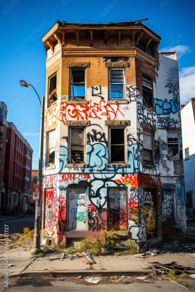 An old, rundown apartment building with graffiti covering every surface ...