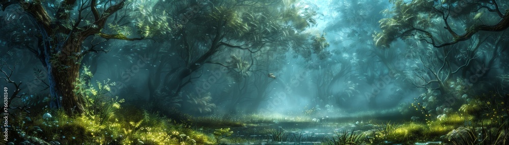 In the heart of the deep, mystical forest, a magical panorama unfolds ...