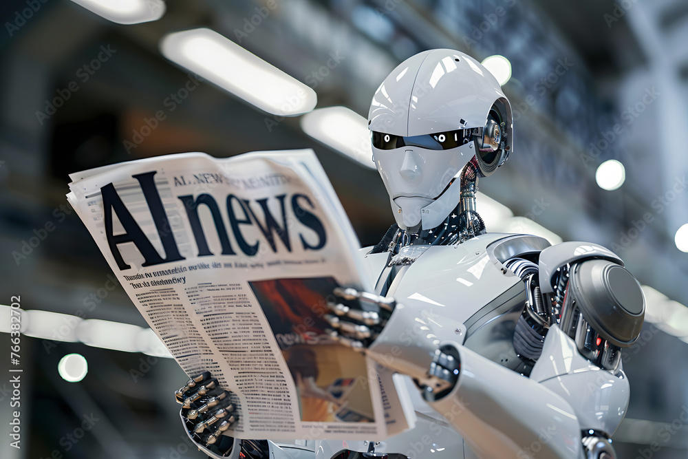Artificial Intelligence Robot reading newspaper AI NEWS, conceptual ...