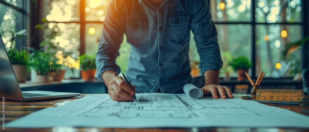 Engineer inspects in the workplace - architectural project, blueprints ...