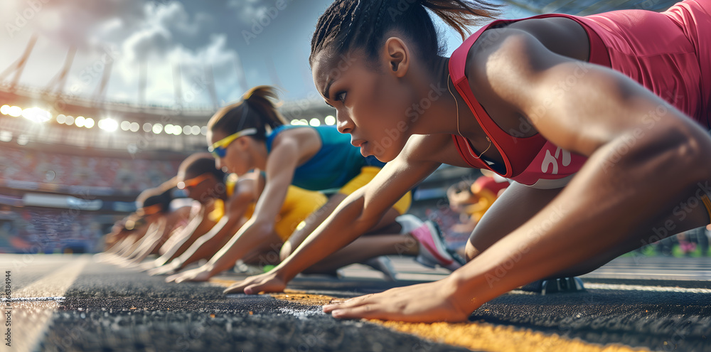 female athletes in sports at the starting blocks on olympic stadium ...