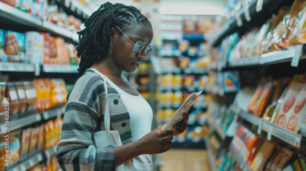 Smiling woman reading label on food package while buying groceries from ...